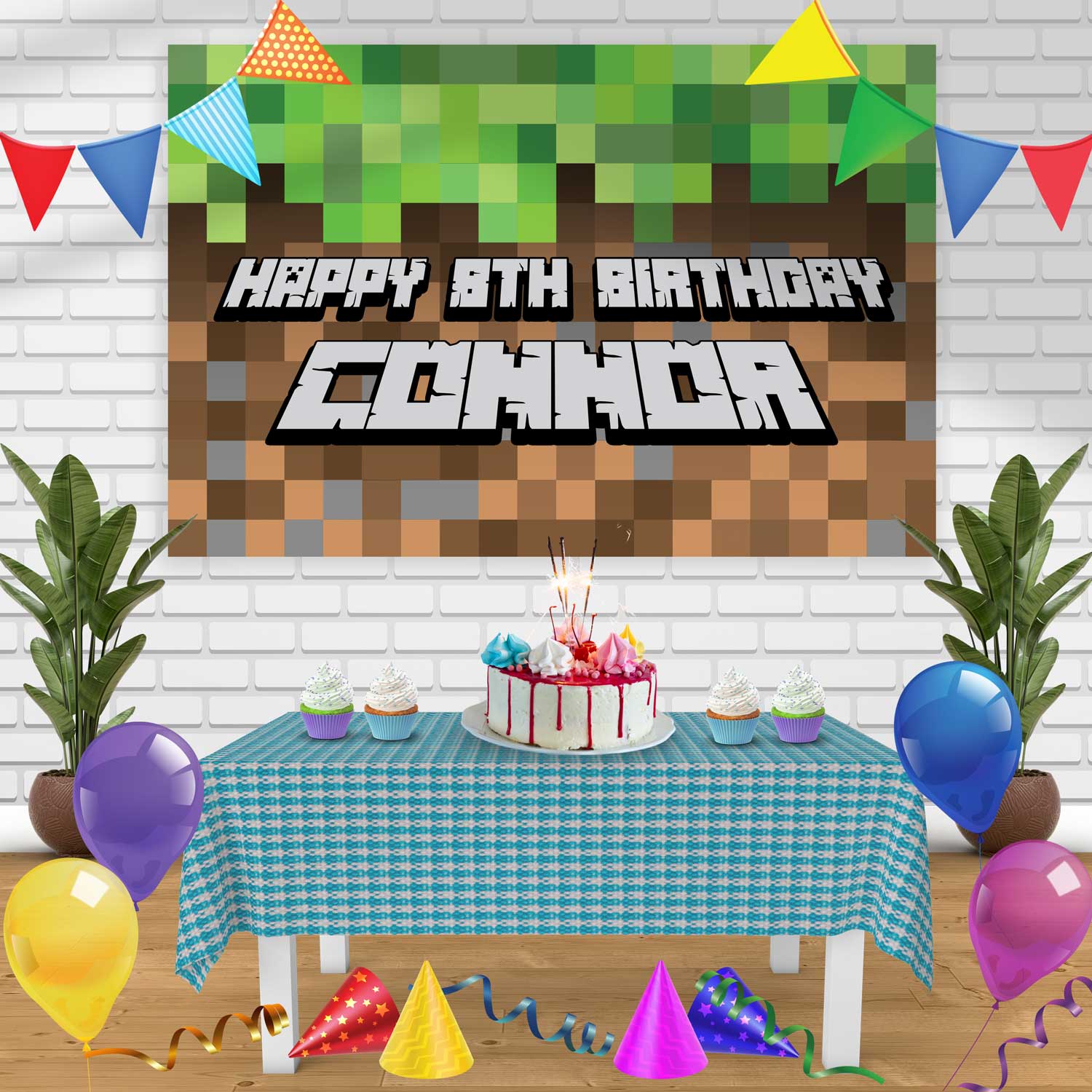 Minecraft Pixel Image Birthday Banner Personalized Party Backdrop Deco