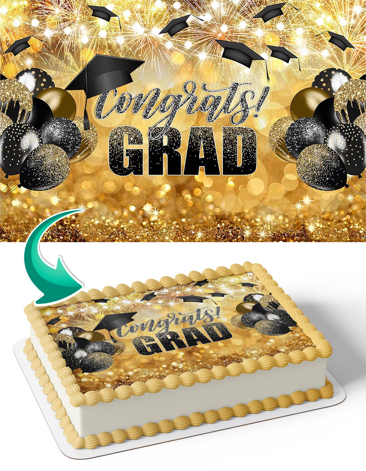 Black Gold Graduation Congrats Grad Edible Cake Toppers – Edible Cake ...