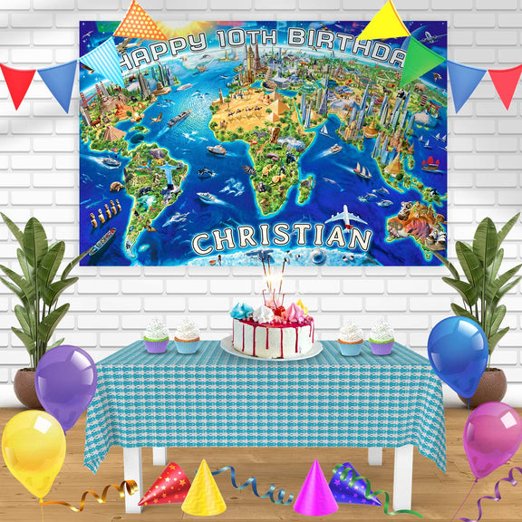 3D World Map Bn Birthday Banner Personalized Party Backdrop Decoration ...