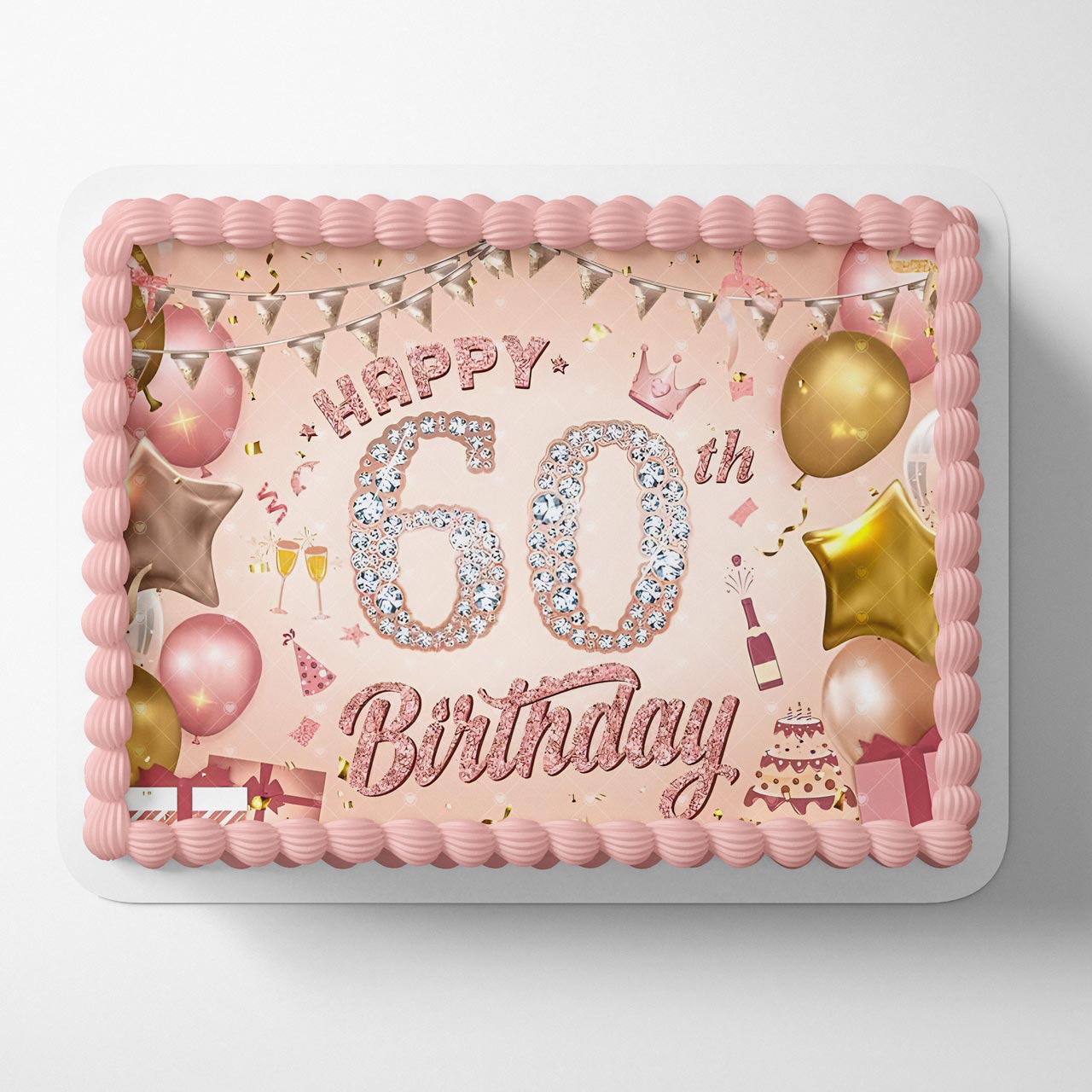 Happy 60th Birthday Diamond Pink Gold Edible Cake Toppers ...
