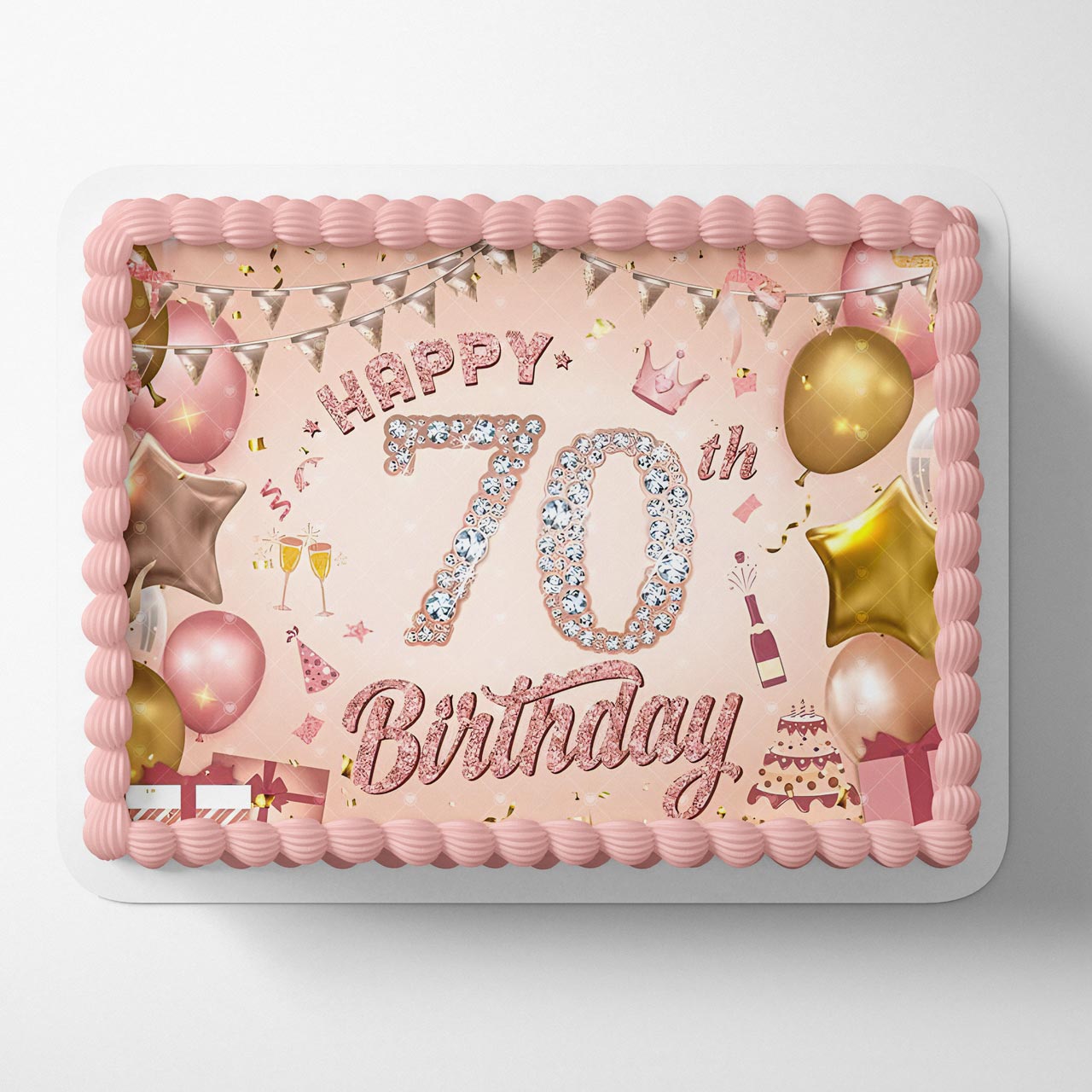 Happy 70th Birthday Diamond Pink Gold Edible Cake Toppers ...