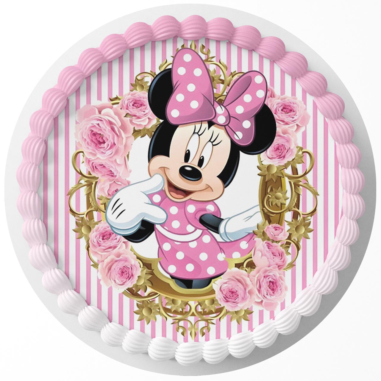 Minnie Mouse Pink Floral Gold Edible Cake Toppers Round – Ediblecaketopper