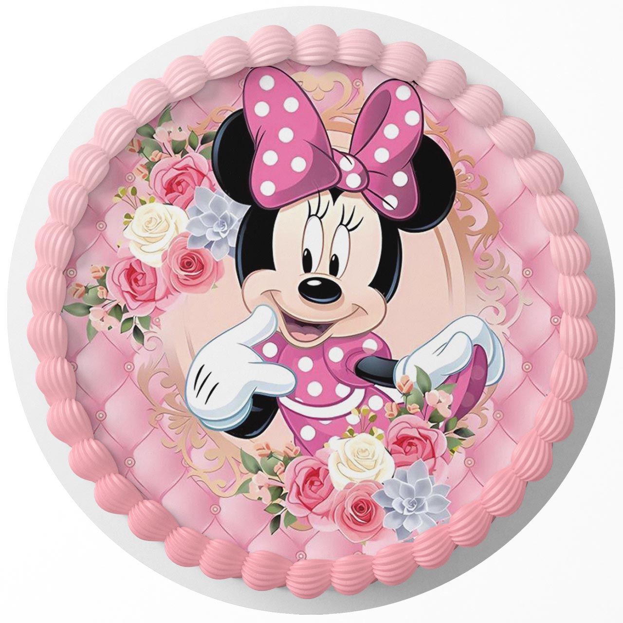 Minnie Mouse Pink Floral Edible Cake Toppers Round – Ediblecaketopper