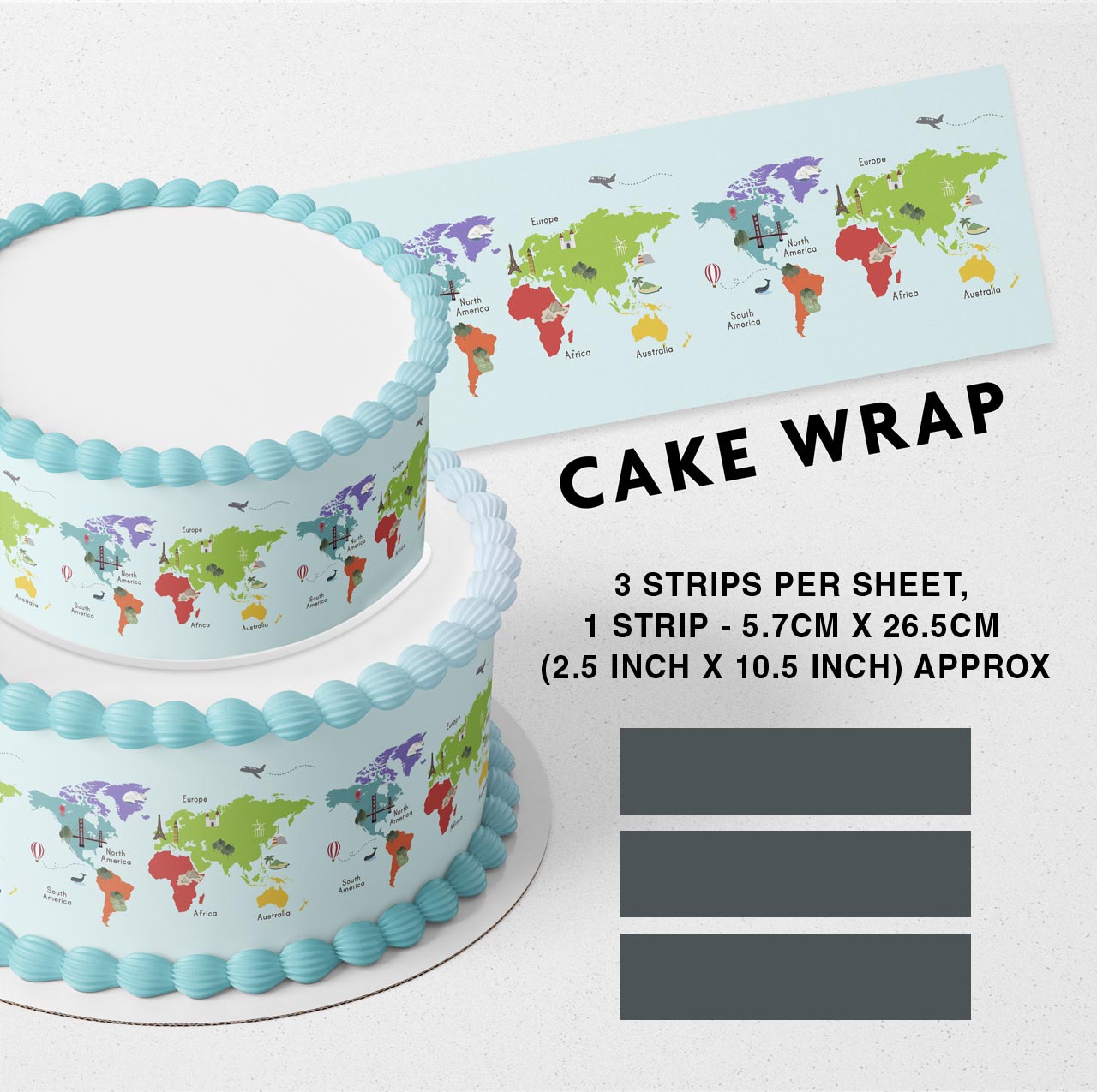 World Map Blue Strips Edible Cake Toppers Cake Wraps – Ediblecaketopper