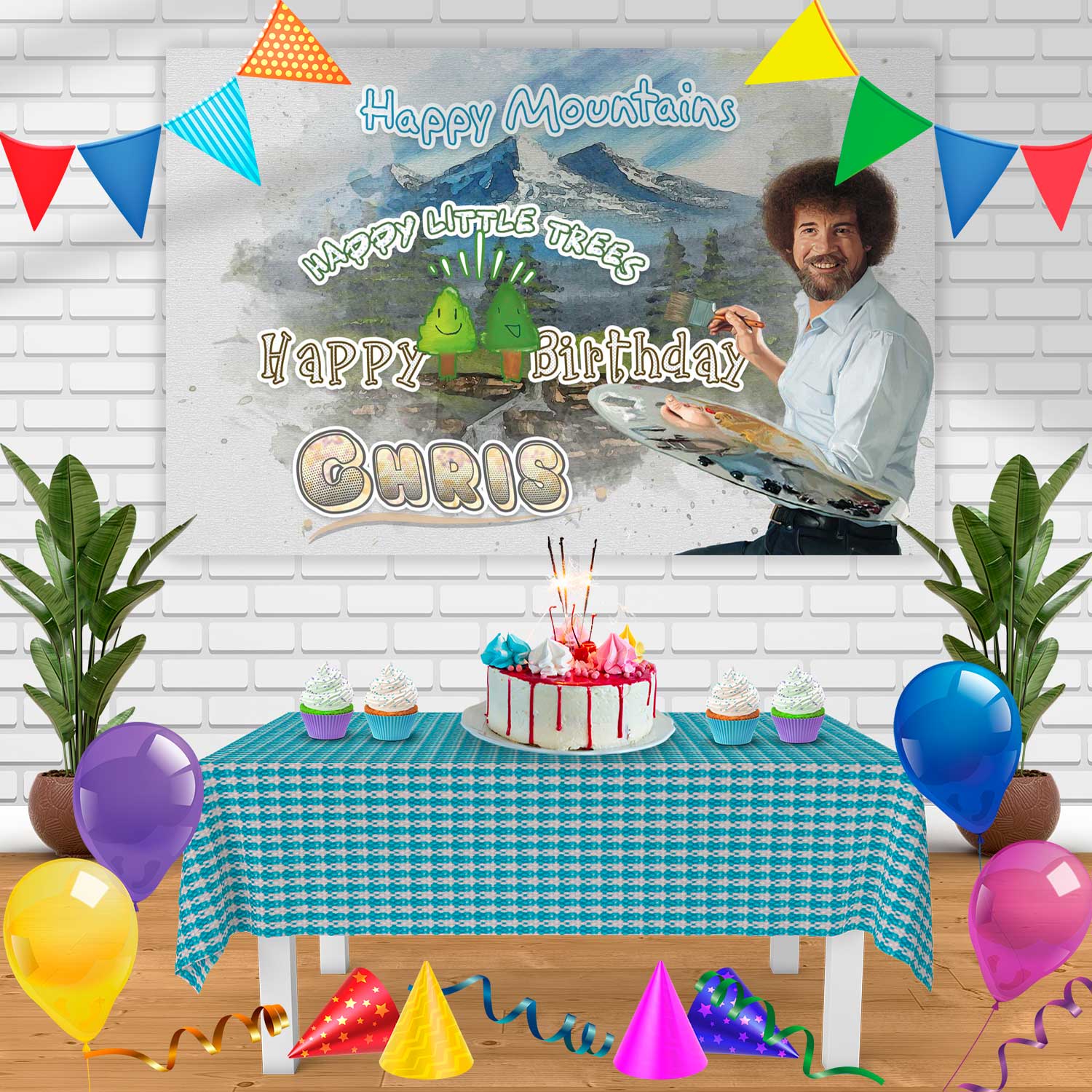 Bob Ross Happy Little Trees Birthday Banner Personalized Party Backdro ...