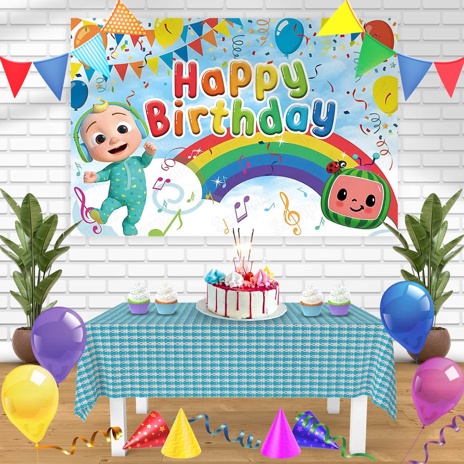 Cocomelon Rainbow Clouds Bn Birthday Banner Personalized Party Backdro Edible Cake Topper Corp