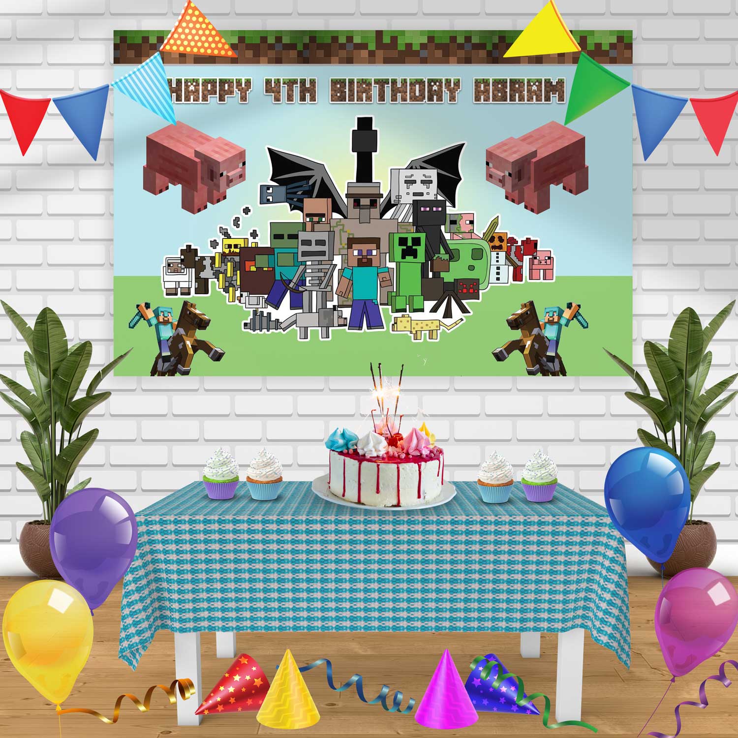 Minecraft 2 Birthday Banner Personalized Party Backdrop Decoration ...