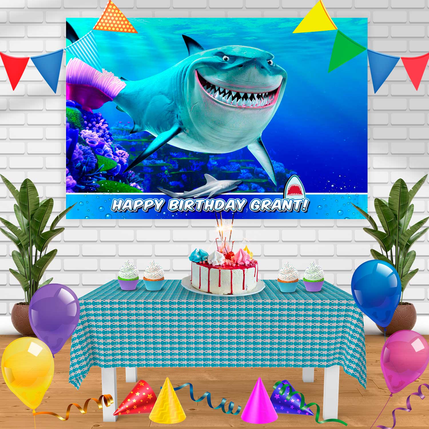 Shark Birthday Banner Personalized Party Backdrop Decoration ...