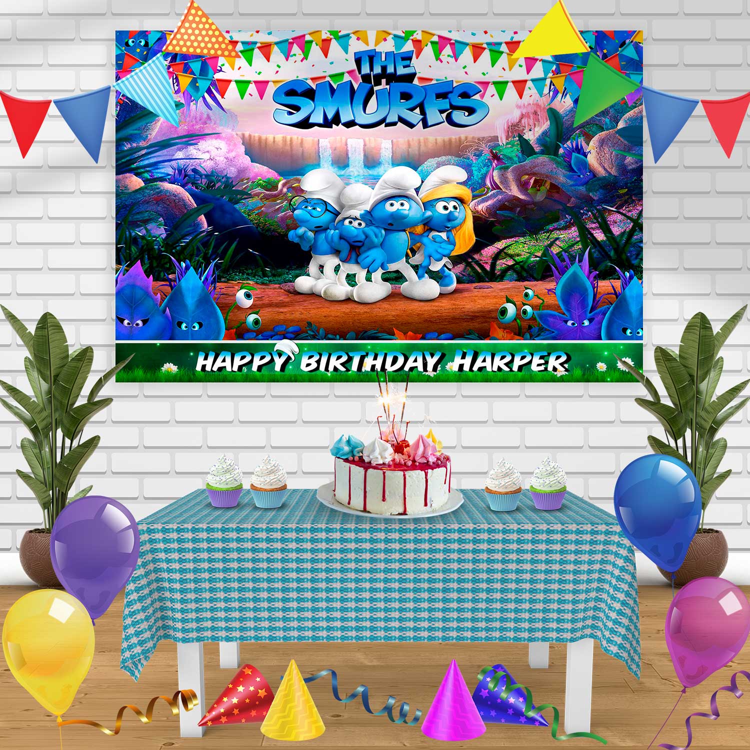Smurfs Birthday Banner Personalized Party Backdrop Decoration ...