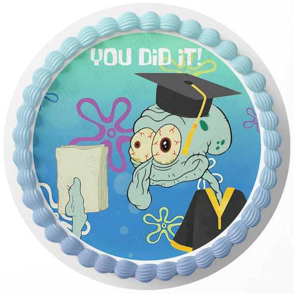 Squidward You Did It Graduate Edible Cake Toppers Round – Ediblecaketopper