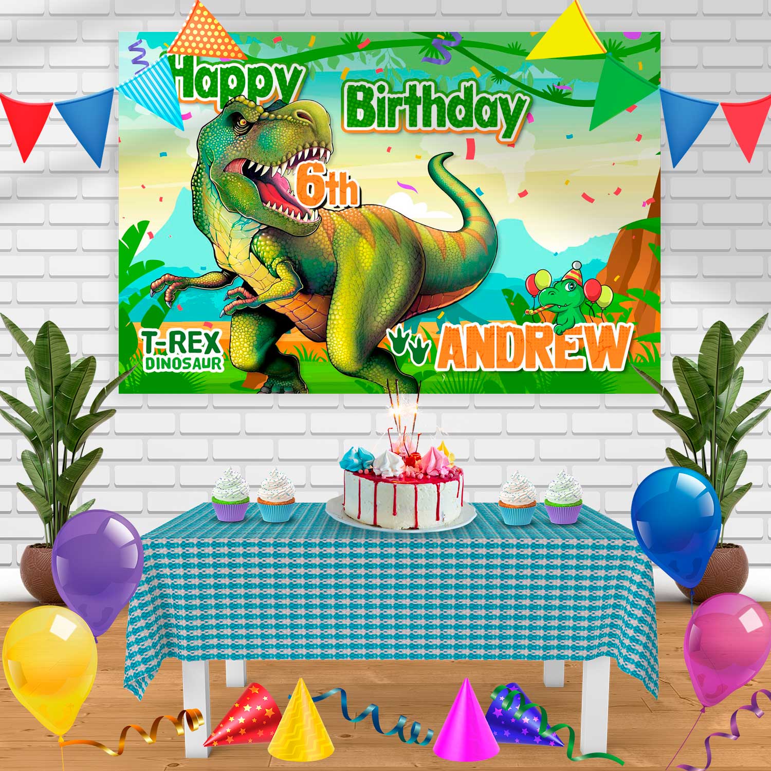 T Rex Dinosaurus Birthday Banner Personalized Party Backdrop Decoratio ...