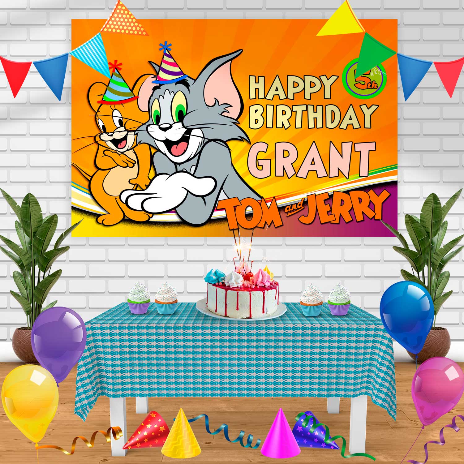 Banner de cumpleaños de Tom y Jerry, decoración de fondo de fiesta per ...