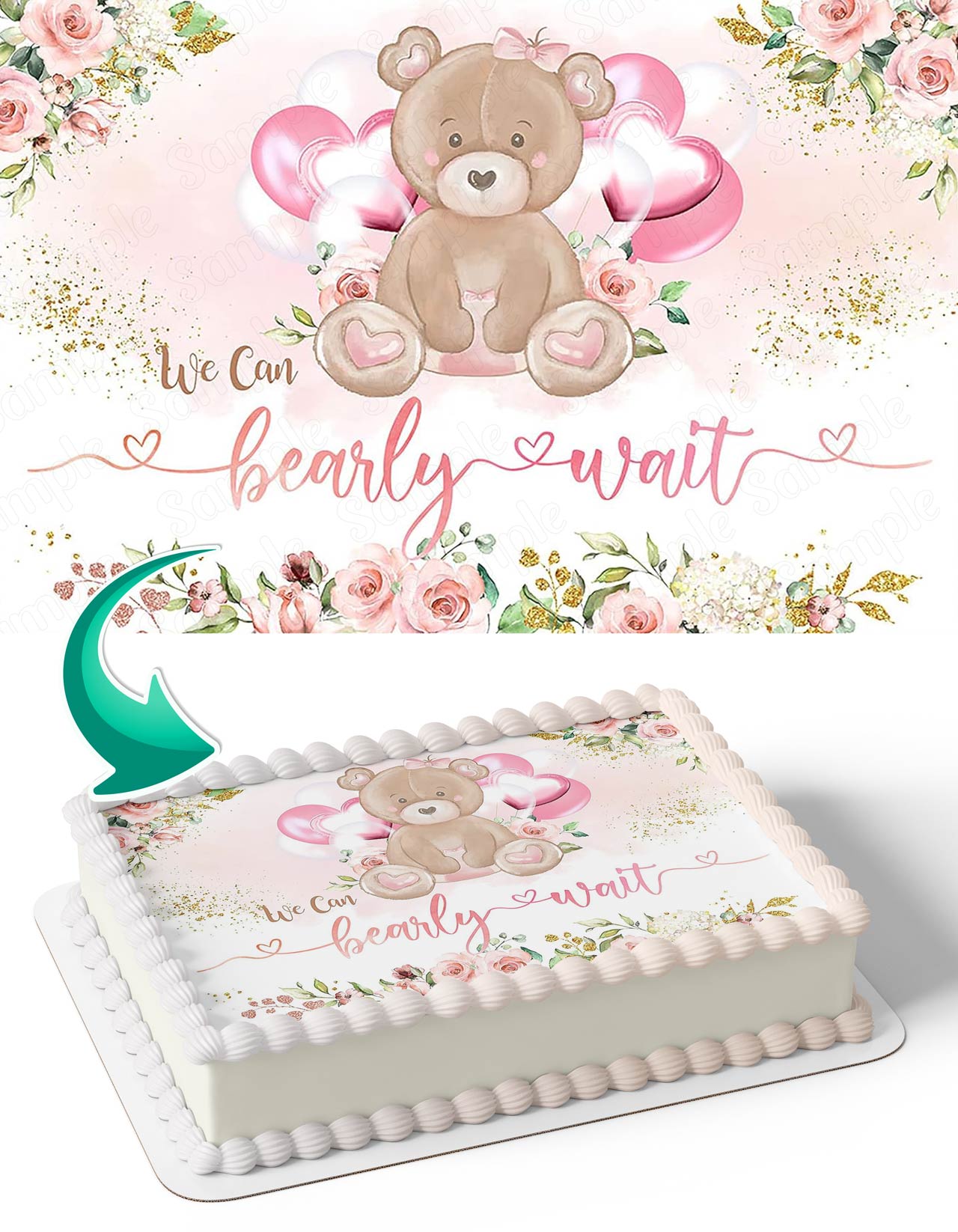 Bear Hearts Baby Shower We Can Bearly Wait Pink Floral Edible Cake ...