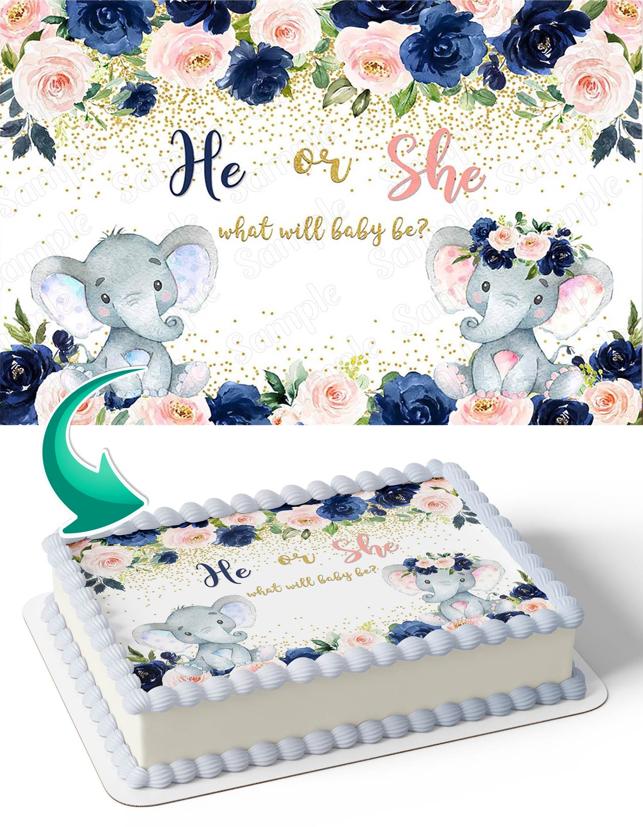 He or She Navy Blue Blush Pink Floral Elephant Gender Reveal Edible ...
