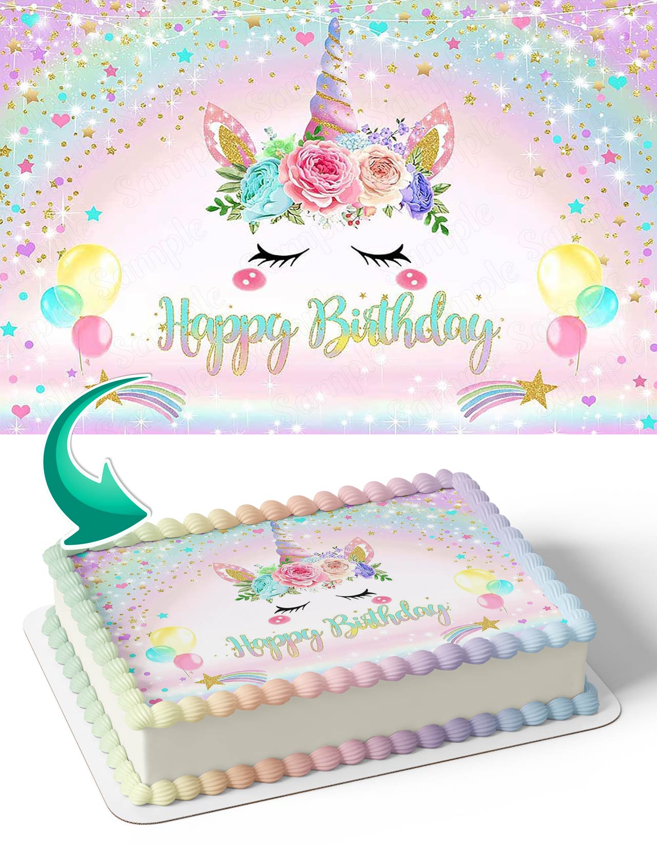 Rainbow Unicorn Pink Glitter Stars Floral Glitter URS Edible Cake ...